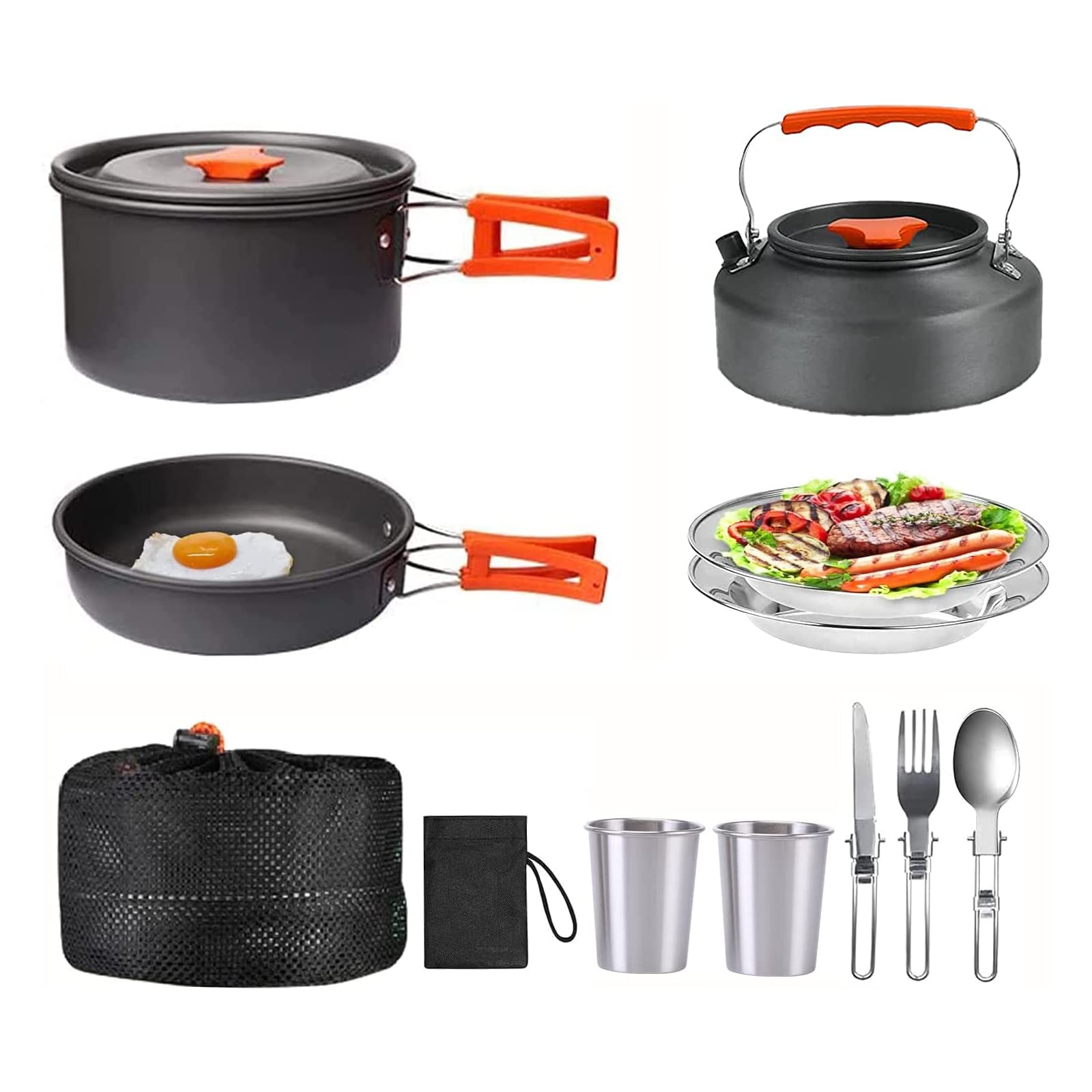 Camping Cookware Mess Kit, Camping Gear with Pot and Pans Set, Portable Aluminum Camping Cooking Set with Cup,Bowl,Picnic with Spoon Knife for Backpacking Stove Equipment