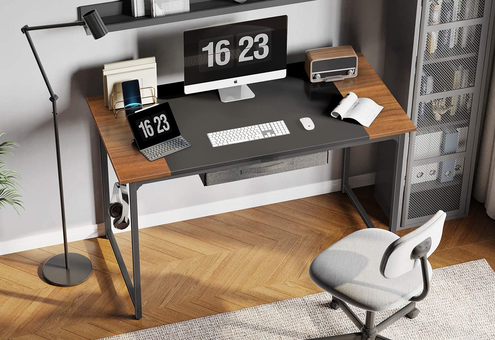 CubiCubi Computer Desk with Drawer 55" Study Writing Table for Home Office, Modern Simple Style PC Desk with Splice Board, Black Metal Frame, Black and Espresso