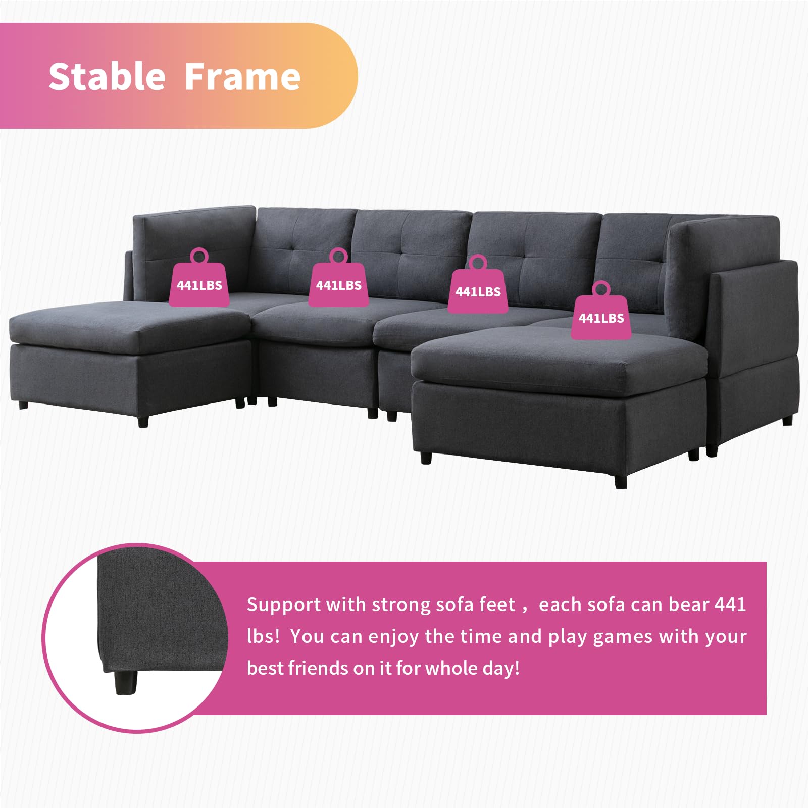 FRETSAE Modular Sectional Sofa, Convertible U Shaped Sofa Couch with Removable Ottomans, Button Tufted Design, 6 Seats Modular Sectional Couch for Living Room, Dark Grey