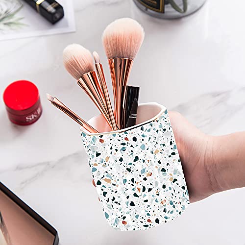 LEAZUL Pen Holder, Makeup Brush Holder Ceramic Shiny Gold Terrazzo Marble Stone Pattern Pencil Cup for Girls Kids Women Durable Stand Desk Organizer Storage Gift for Office, Classroom, Home Light Blue
