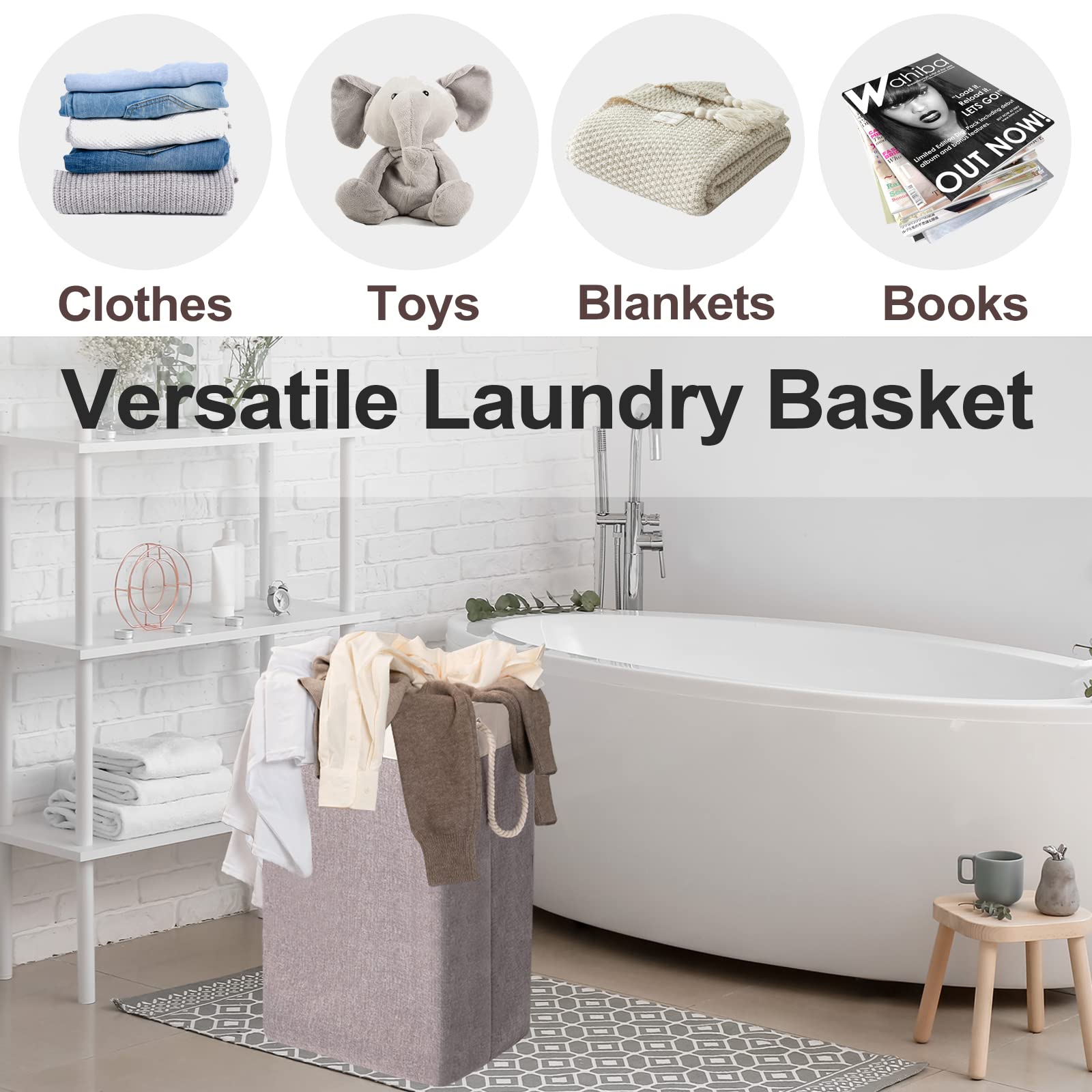 ELONG HOME Laundry Basket 2 Pack, 75L Laundry Hamper with Support Rods and Rope Handles, Freestanding Laundry Baskets, Linen Hampers for Laundry Room Bathroom Bedroom, Grey+Beige