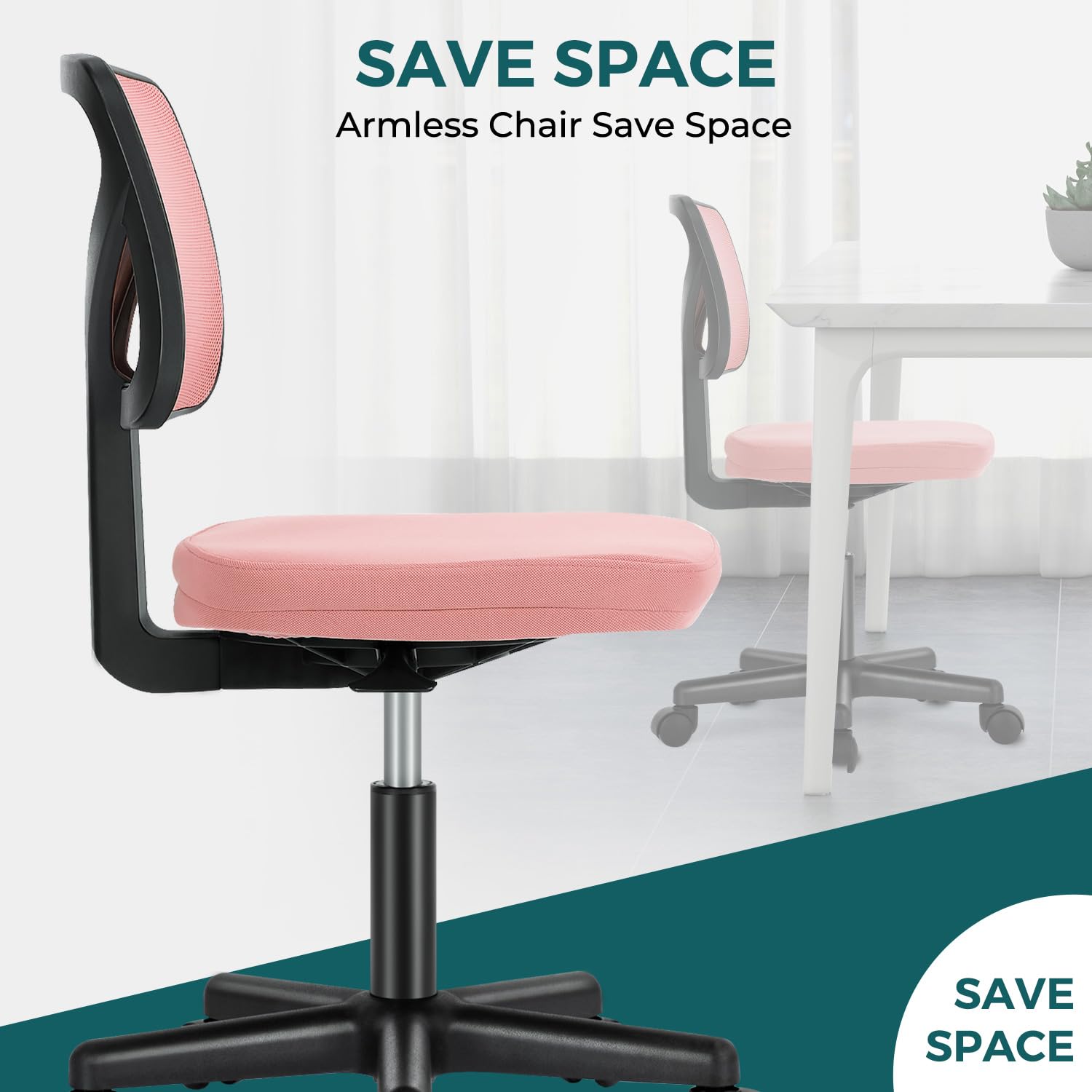 DUMOS Armless Desk Wheels Cute Home Office Chairs, Ergonomic Adjustable Swivel Rolling Task, Comfy Mesh Mid Back Computer Work Vanity Chair for Small Spaces, Light Pink
