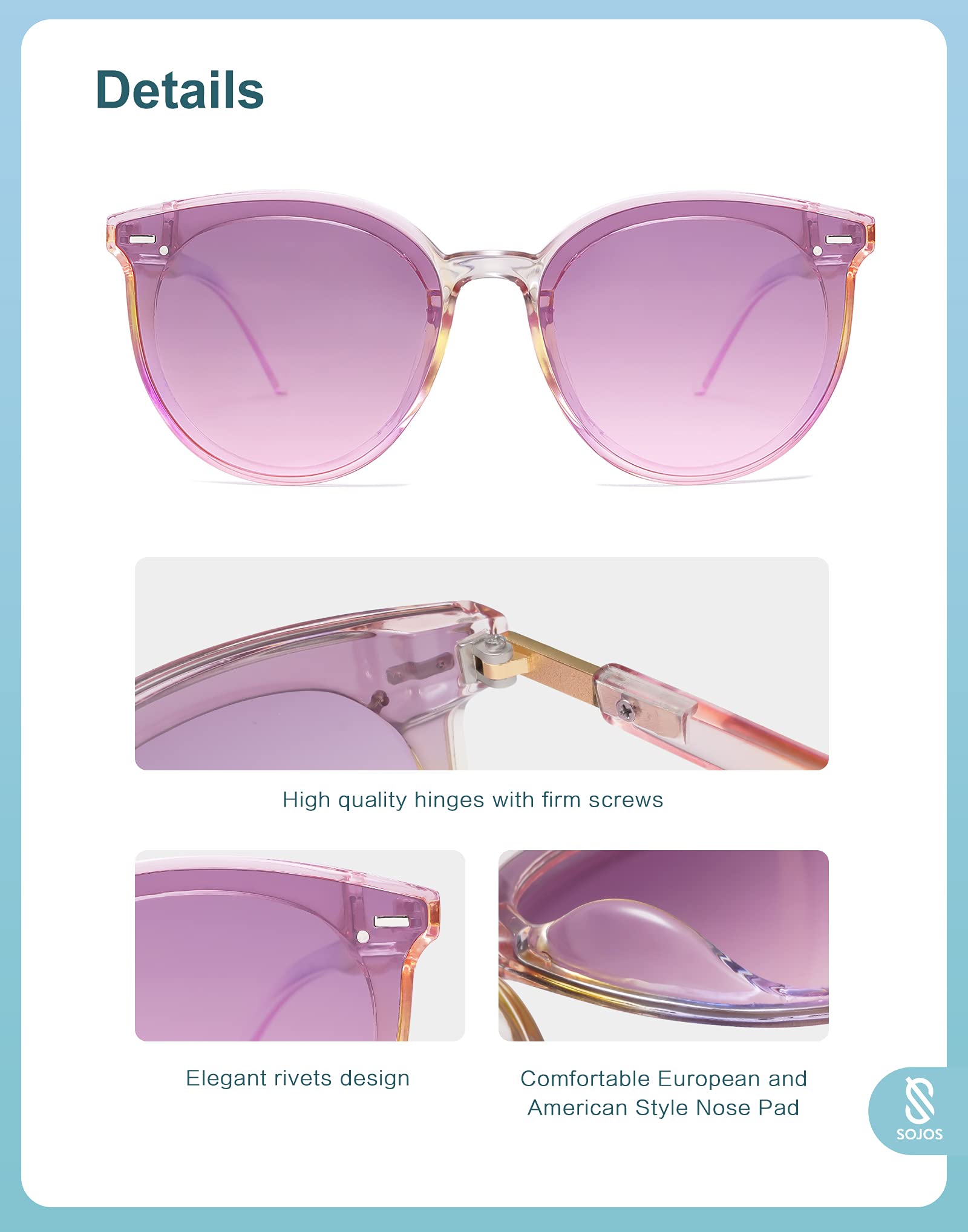 SOJOS Classic Round Sunglasses for Women Men Retro Vintage Shades Sunnies SJ2067 with Rainbow Large Plastic Frame/Gradient Purple Top and Pink Bottom Lens