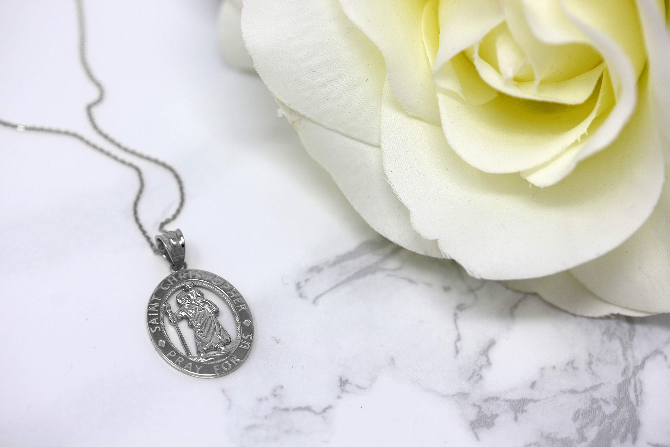 CaliRoseJewelry 10k Saint Christopher Pray for Us Oval Charm Pendant Necklace in White Gold, 16"