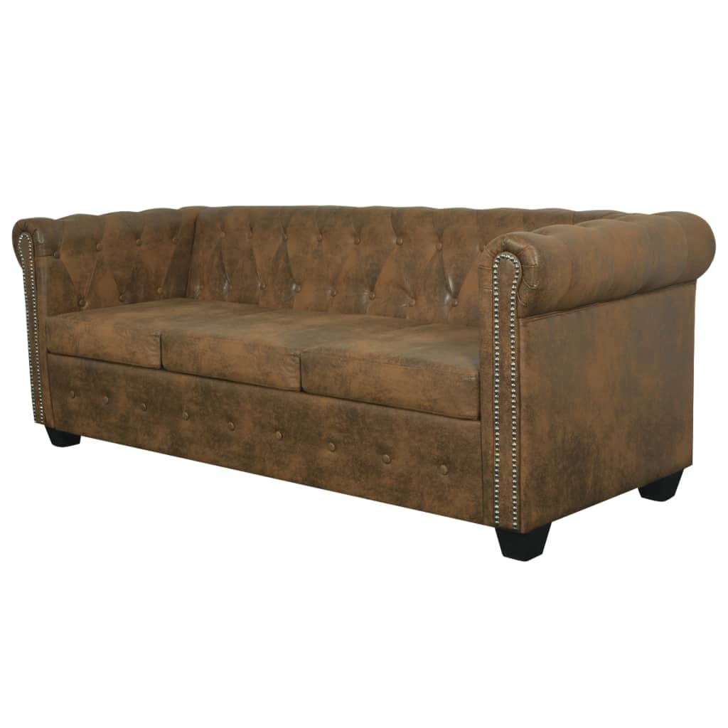 Chesterfield Sofa 3-Seater Brown Faux Leather (98.23lbs)