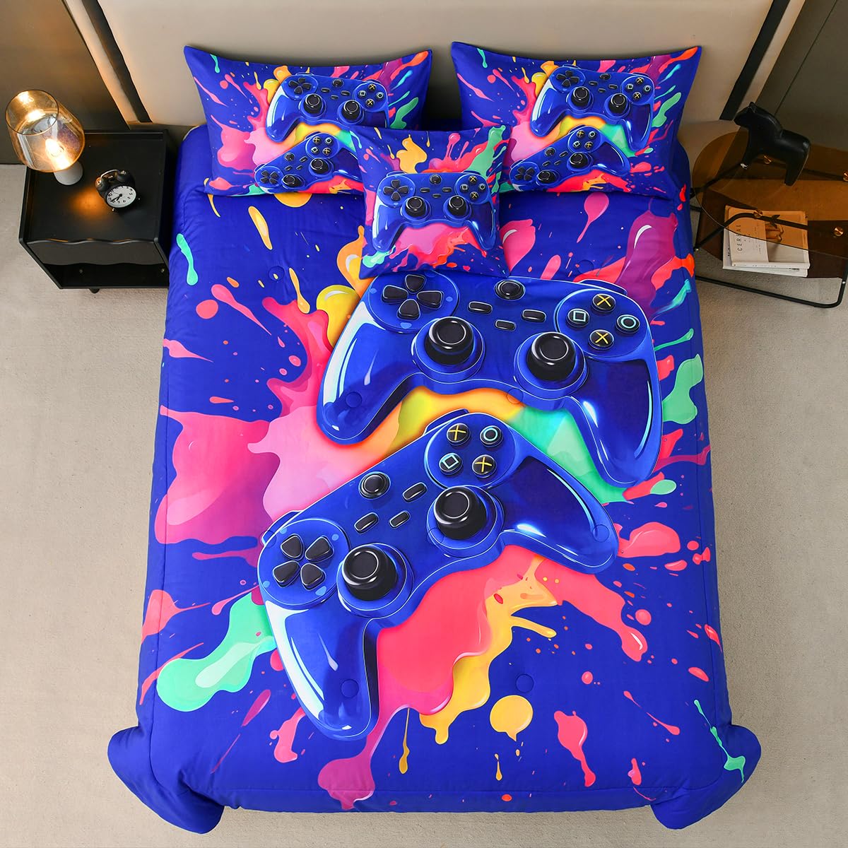 Tasselily Game Console Full Comforter Set with Sheets, Microfiber 6 Pcs Bed in A Bag Full Size Gamer Bedding Set for Boys Kids Teens