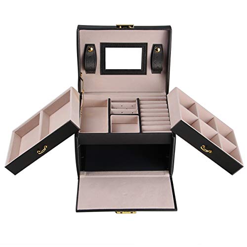 Jewelry Box 3-Layer Display Jewelry Box & Organizers with Lock and Mirror Portable Travel Jewelry Boxes for Women (Black)