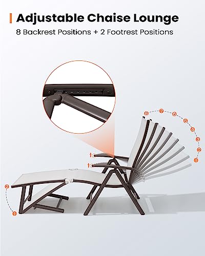 Pellebant Aluminum Patio Chaise Lounge Chair, Adjustable Chair for Outside with 8 Backrest Positions, Brown Frame, Folding Outdoor Recliners All Weather for Beach, Pool and Yard, Light Grey