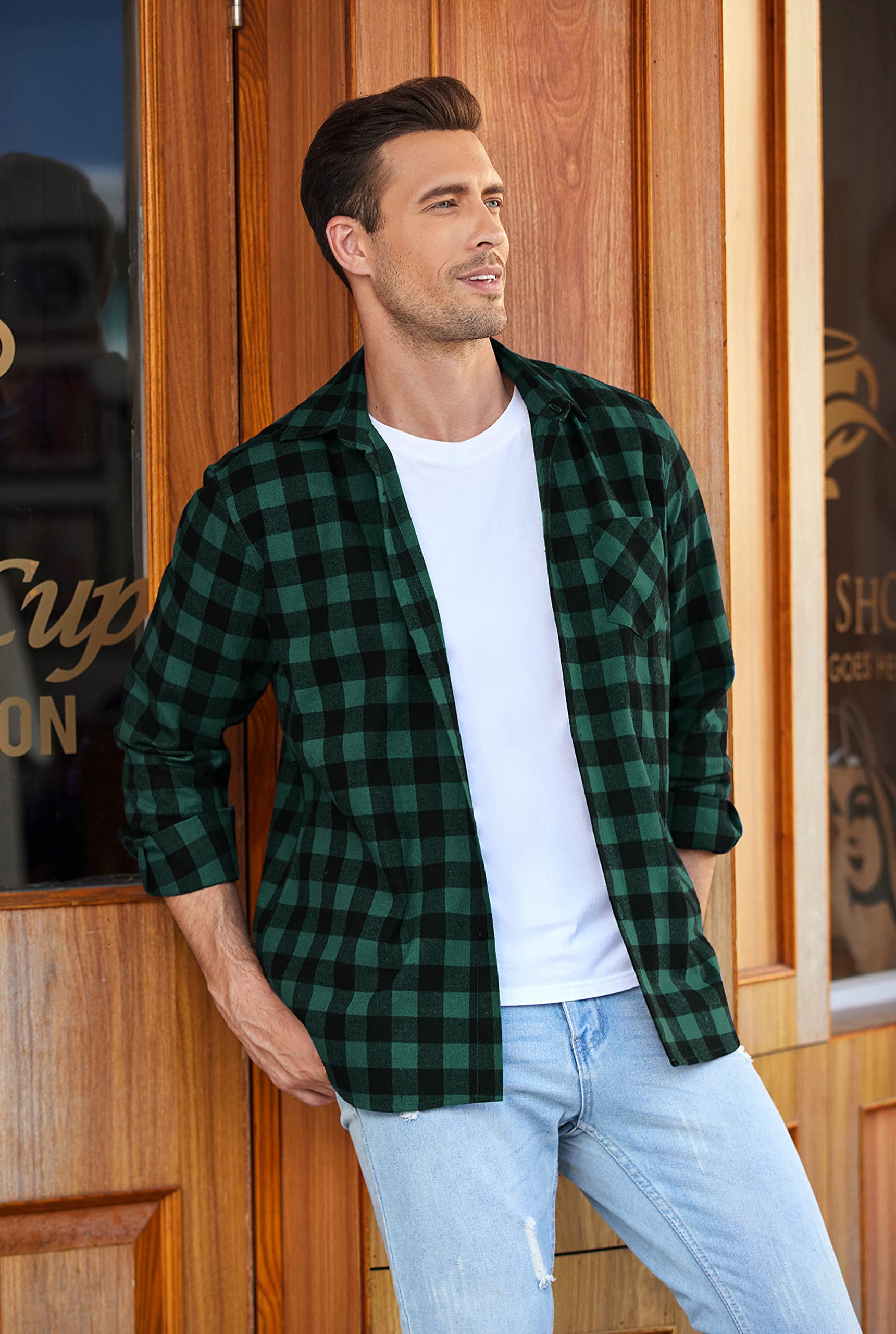 COOFANDY Mens Long Sleeve Button Up Plaid Shirts Regualr Fit Cotton Flannel Shirt