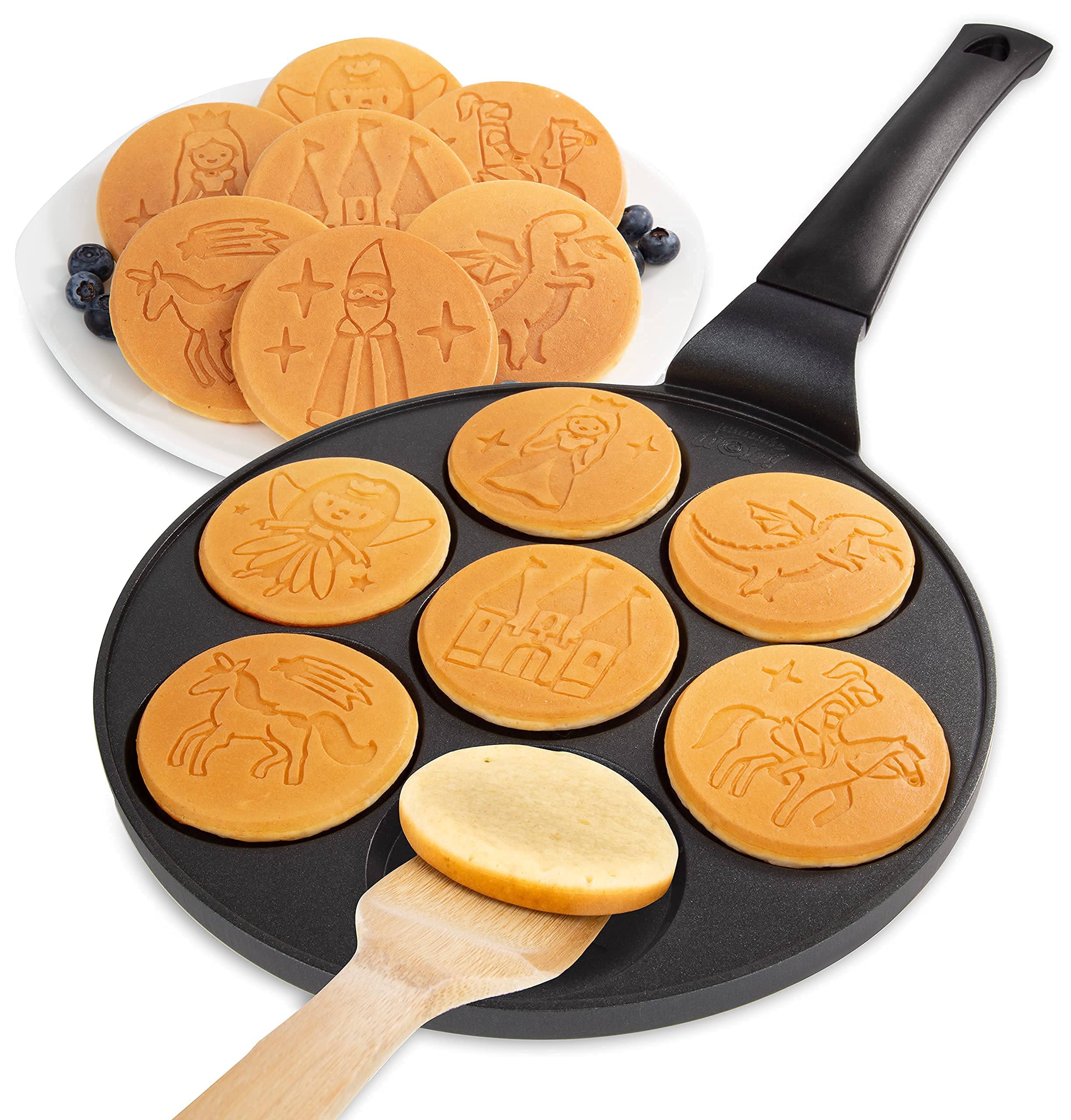 CucinaPro Fantasy Friends Mini Pancake Pan - Nonstick Griddle for Breakfast Magic, Featuring a Princess Castle & More, 7 Unique Flapjacks