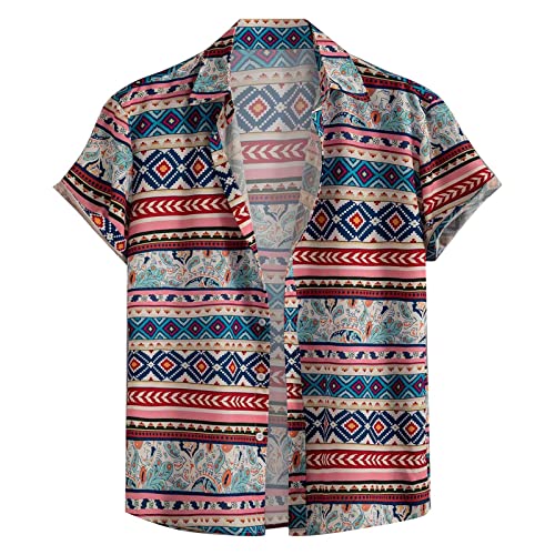 Casual Men's Loose Lapel Print Color Contrast Short Sleeve Button Striped Shirt Beach Hawaiian Summer Top Red