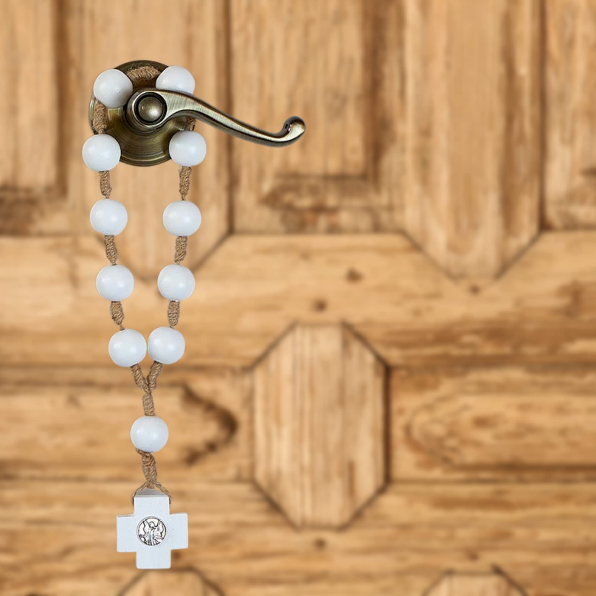 Guardian Angel Door Knob Rosary with Large White Beading, Religious Keepsake Prayer Beads, 12.5 inches