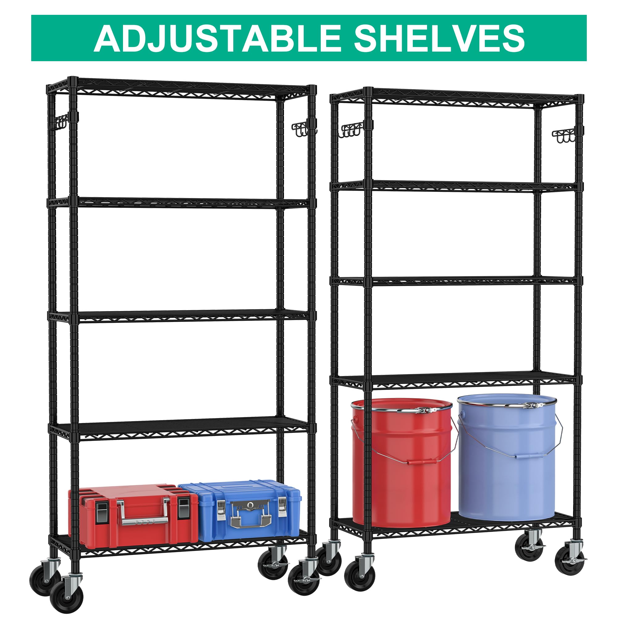 Folews Heavy Duty Storage Shelves 5-Tier, Wire Shelving Unit with Wheels & Adjustable Feet Metal Shelf Rack for Garage, Kitchen, Pantry, Laundry Room 400 Lbs Per Shelf - 14x36x75