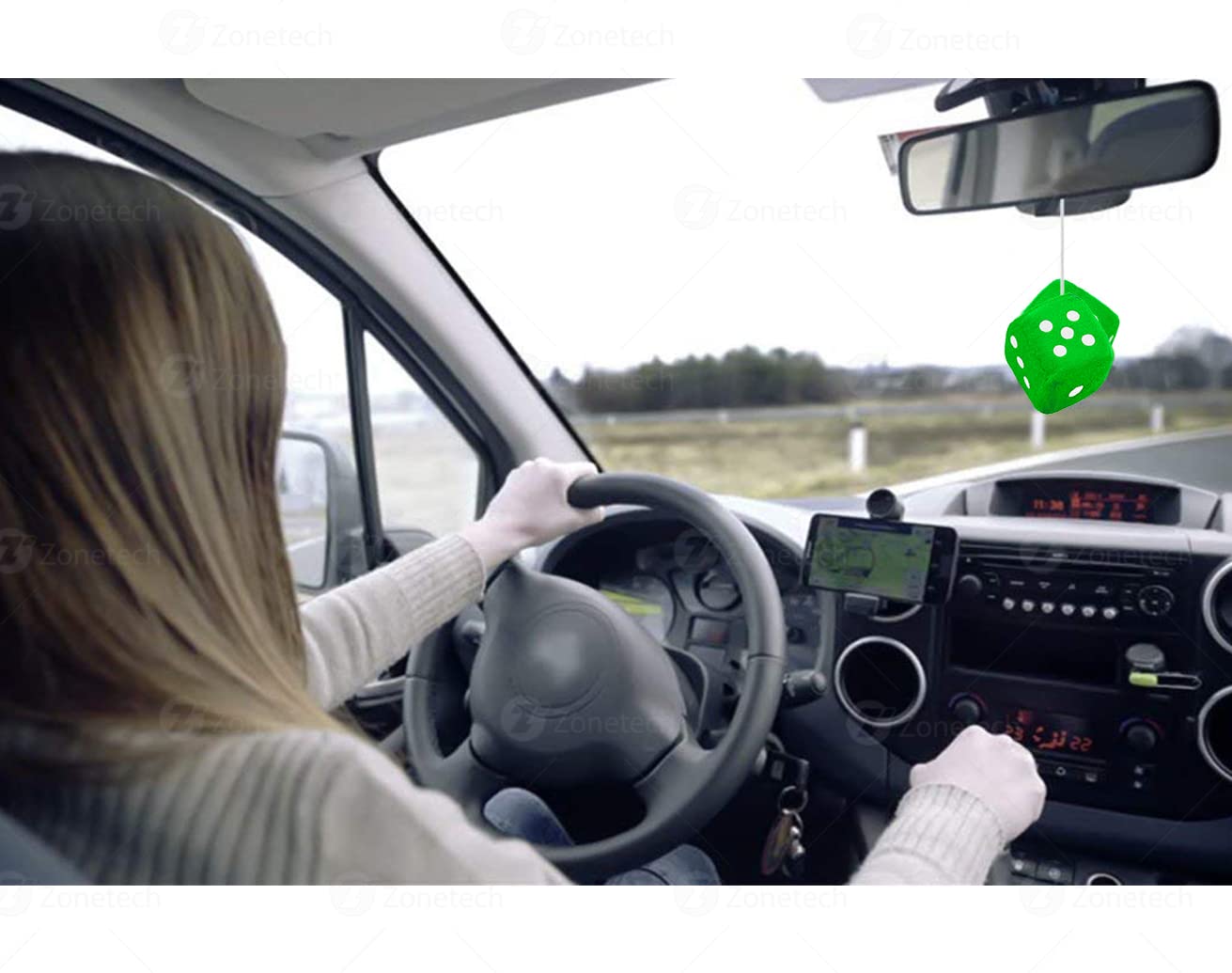 ZONETECH Green 3" Square Hanging Dice-Soft Fuzzy Decorative Vehicle Hanging Mirror Dice with White Dots - Pair