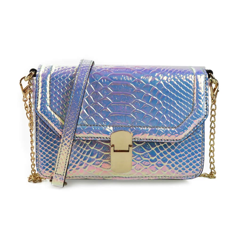 RemeeHi Fashion Small Shiny Hologram Laser Travel Snake PU Shoulder Bag Crossbody Bag with Chain Gradual Purple