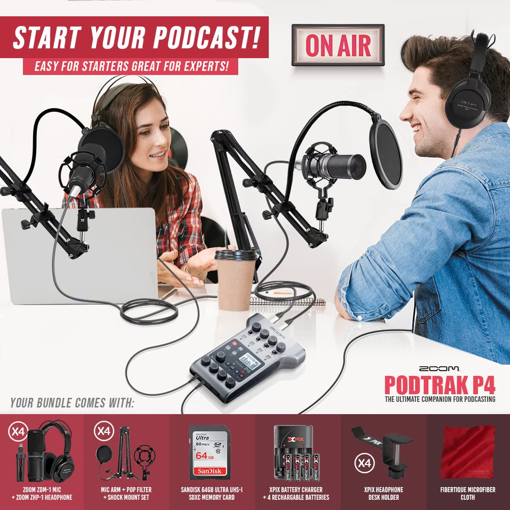 Zoom PodTrak P4 Portable Multitrack Podcast Recorder, Audio Interface w/ 4 Mic Inputs, 4 Headphone Outputs + 4x Zoom ZDM-1PMP 4 Headphones, Microphones stands & cables, 64GB SDXC, Boom arms and more