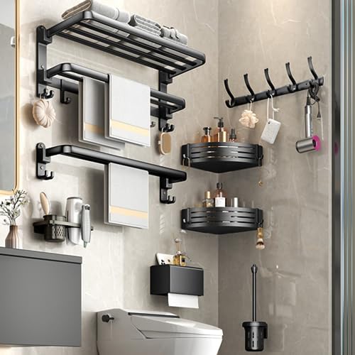 Noffeelink 24 Inch Towel Rack, Shower Towel Rack with Shelf, Towel Shelf for Bathroom, Bathroom Towel Rack with Hooks, Wall Mount Towel Rack No Drill and Screw Mounting (Black)