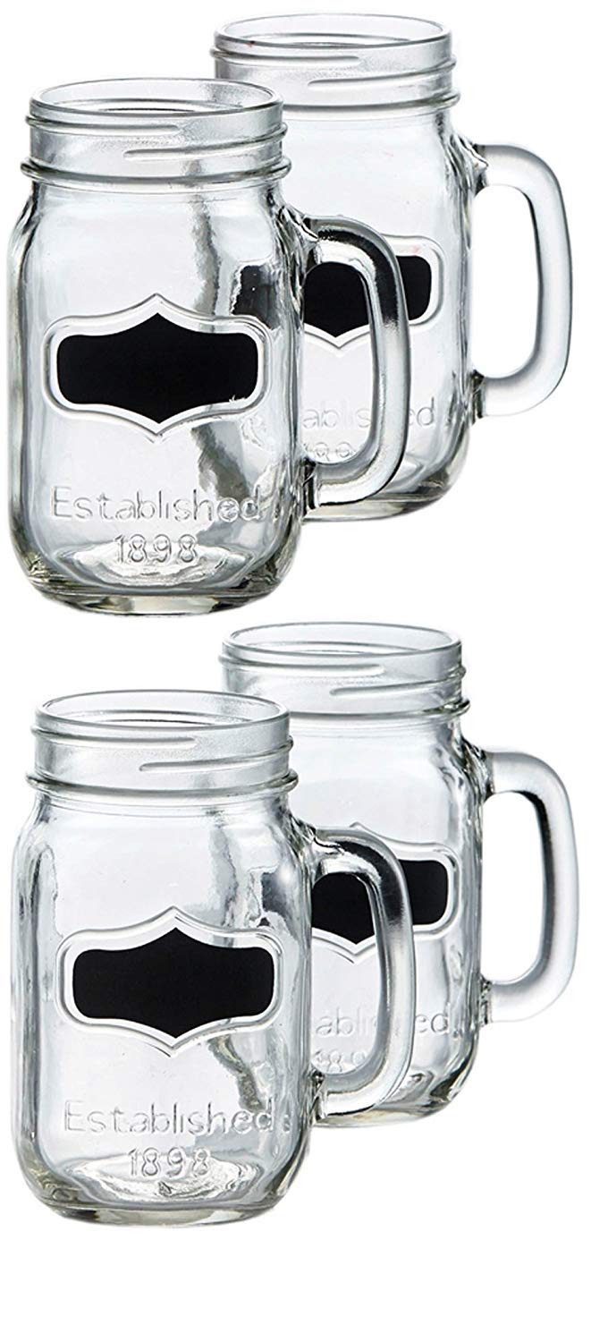 Circleware Yorkshire Glass Mason Jar Mugs with Chalkboard and Handle, Set of 4, Heavy Base Fun Entertainment Glassware Drinking Beverage Cups for Water, Beer, Juice & Bar Decor, 17.5 oz, Clear