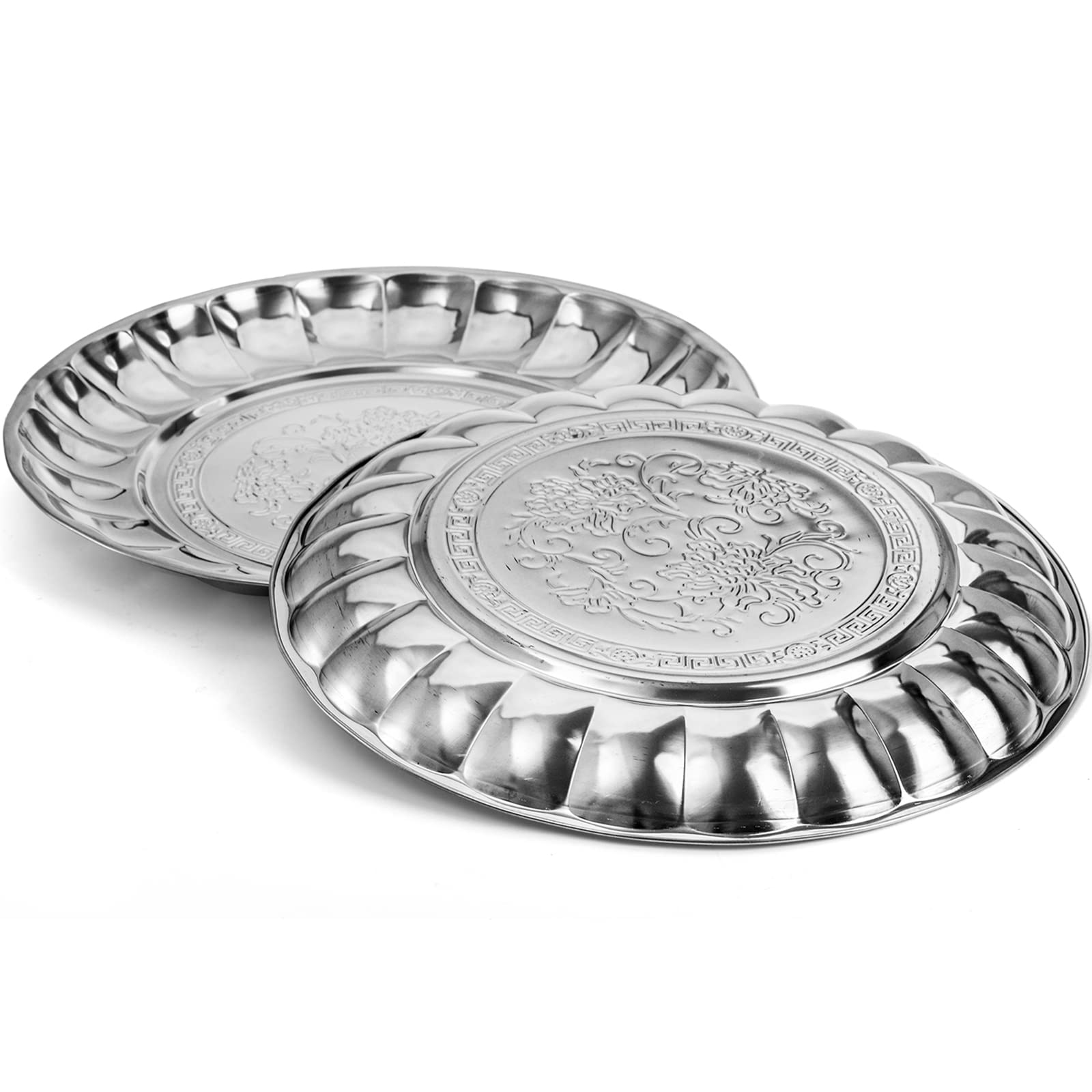DEAYOU 8 Pack Stainless Steel Round Plates, 12" Large Dinner Plate for Eating, Kids, Stainless Steel Charger Plate, Vintage Feeding Serving Camping Plate Dish for Fruit, BBQ, Flower Pattern