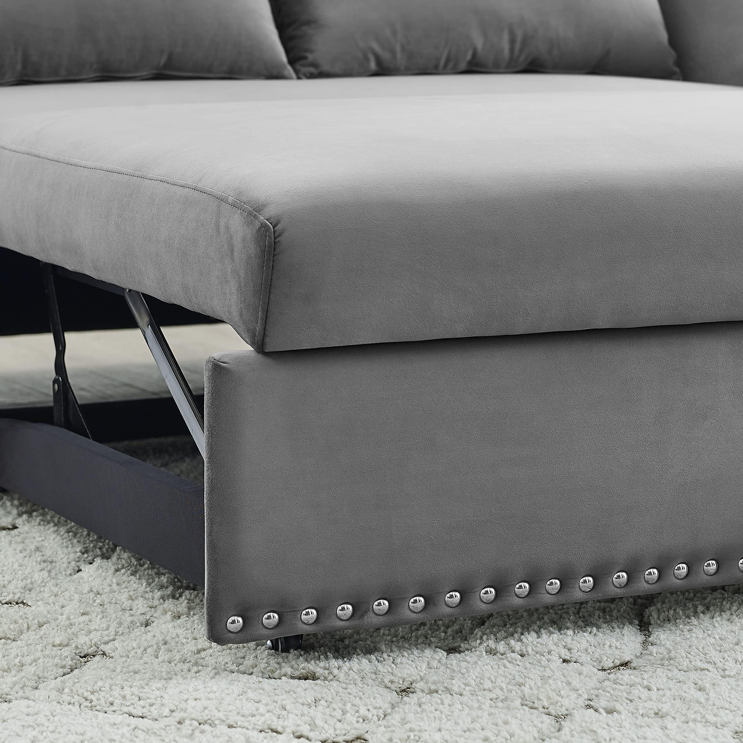 ERYE Functional 3 in 1 Sleeper Sofa Grid Backrest and USB Charging Ports,Modern Velvet Upholstered Convertible Loveseat Sofabed W/Pull Out Sleep Couch Bed & Nailhead Decor for Living Room, 55", Gray1