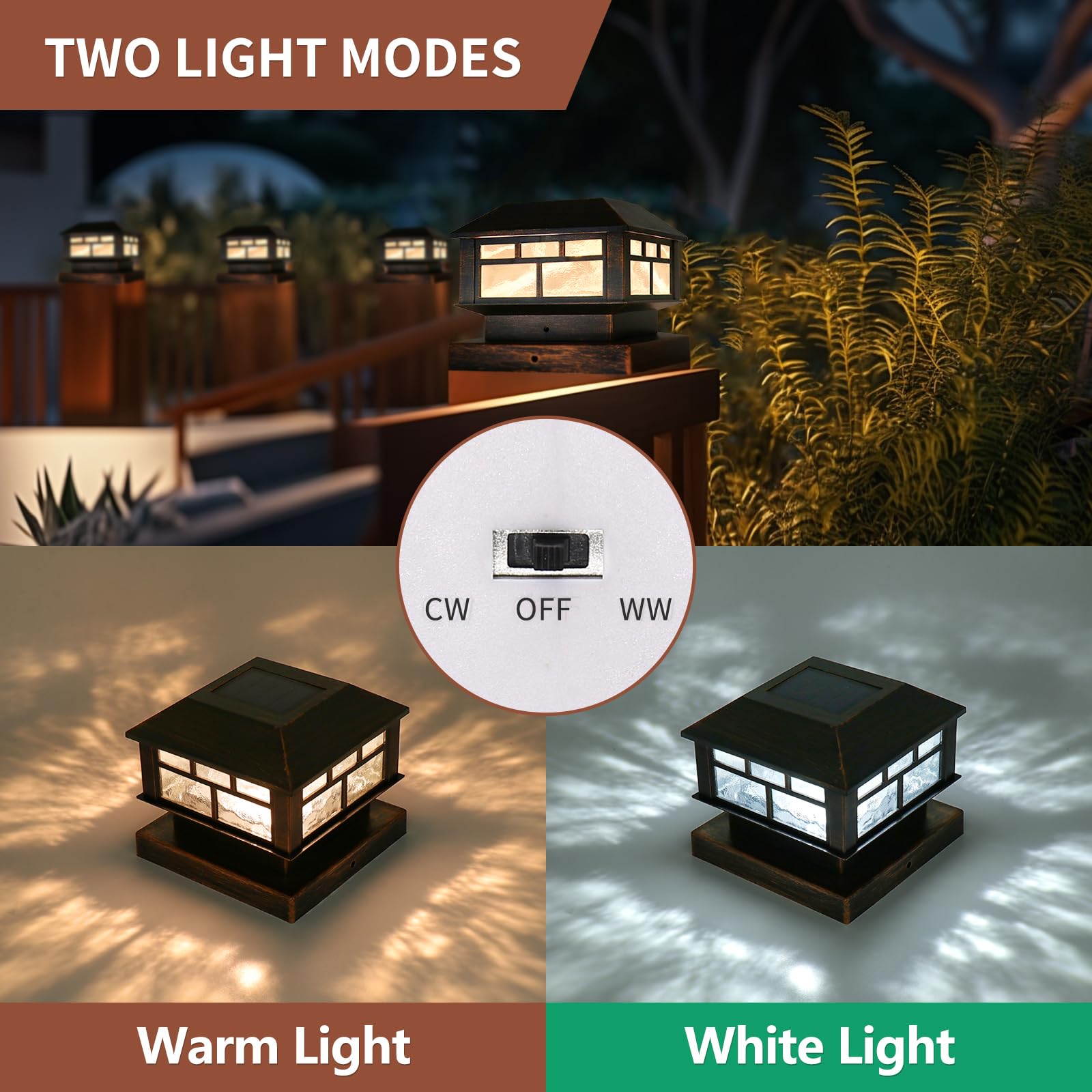 POWGDLT Solar Post Cap Lights Bronze Fence Deck Post Light Solar Powered Fit 3.5x3.5 4x4 5x5 Wooden Posts 8 Packs