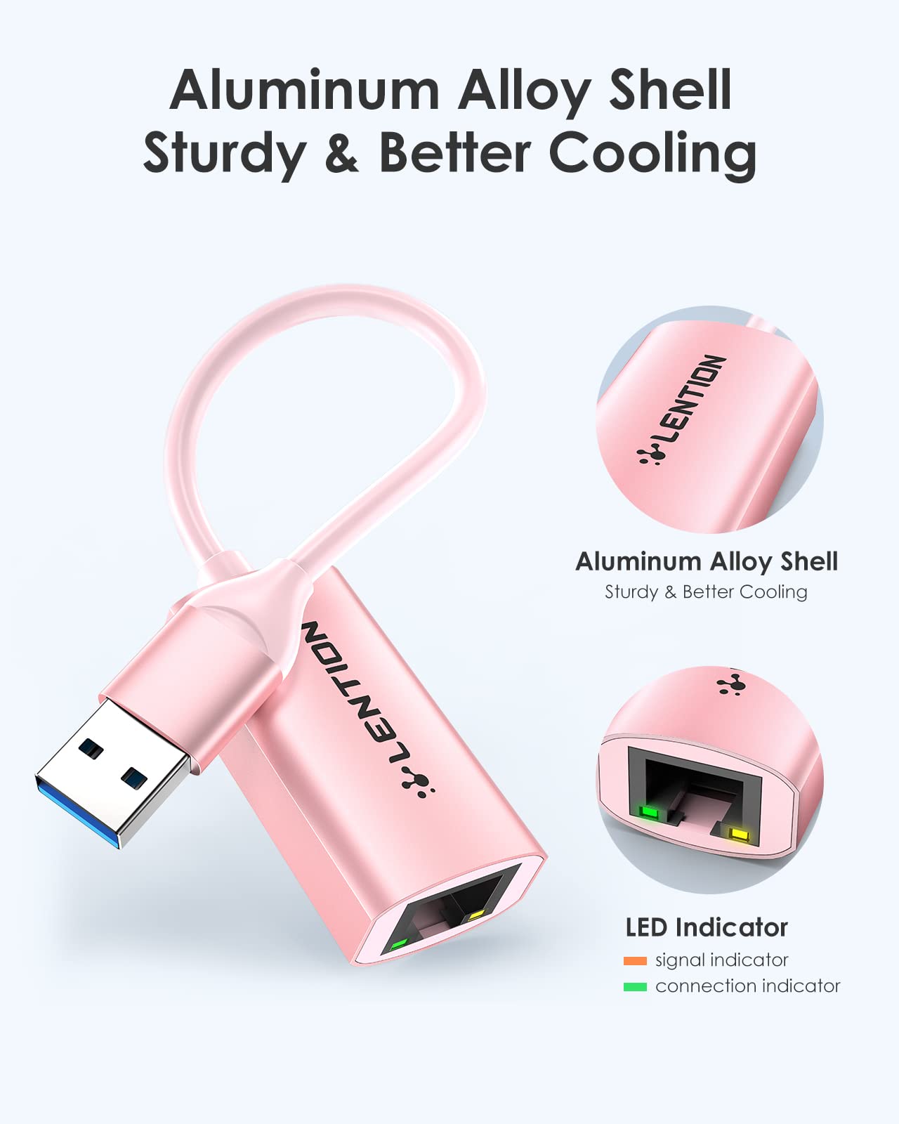 LENTION USB 3.0 Type A to Gigabit Ethernet Adapter, 1000M RJ45 Wired LAN Network Converter Compatible with Nintendo Switch, MacBook Pro/Air, Surface, Chromebook, Most Windows Laptops (HU604,Rose Gold)