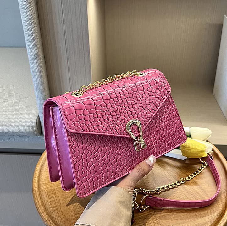 Crocodile Women's Shoulder Bag Texture Leather Bag Versatile Crossbody Chain Bag (Rose red)