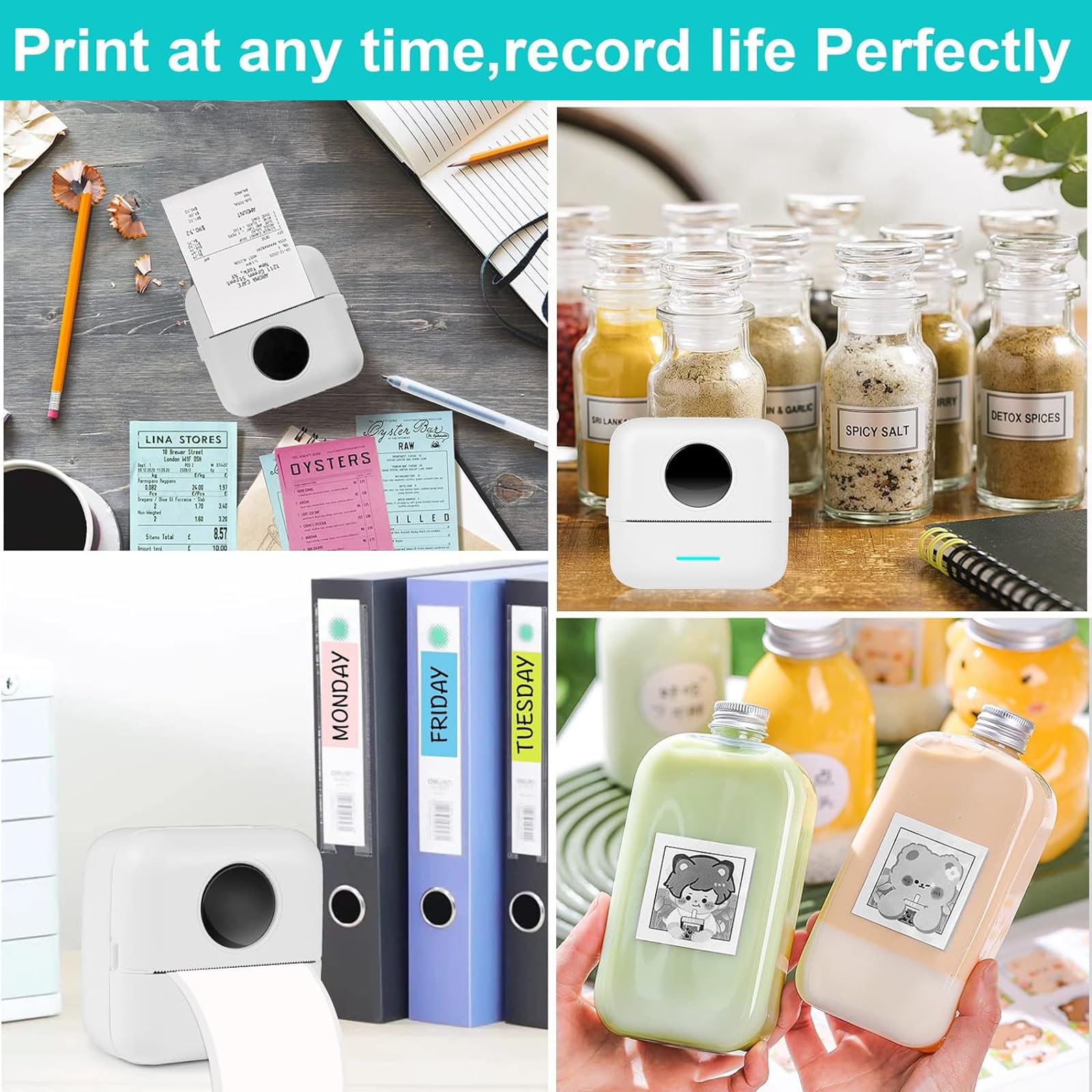 TVAIGER Mini Pocket Bluetooth Printer, Portable Thermal Sticker Printer with 13 Rolls Printing Paper for Journal, DIY Scrapbook, Travel, Notes, Memo, Receipt Printer for Kids Women Gifts (Black White)