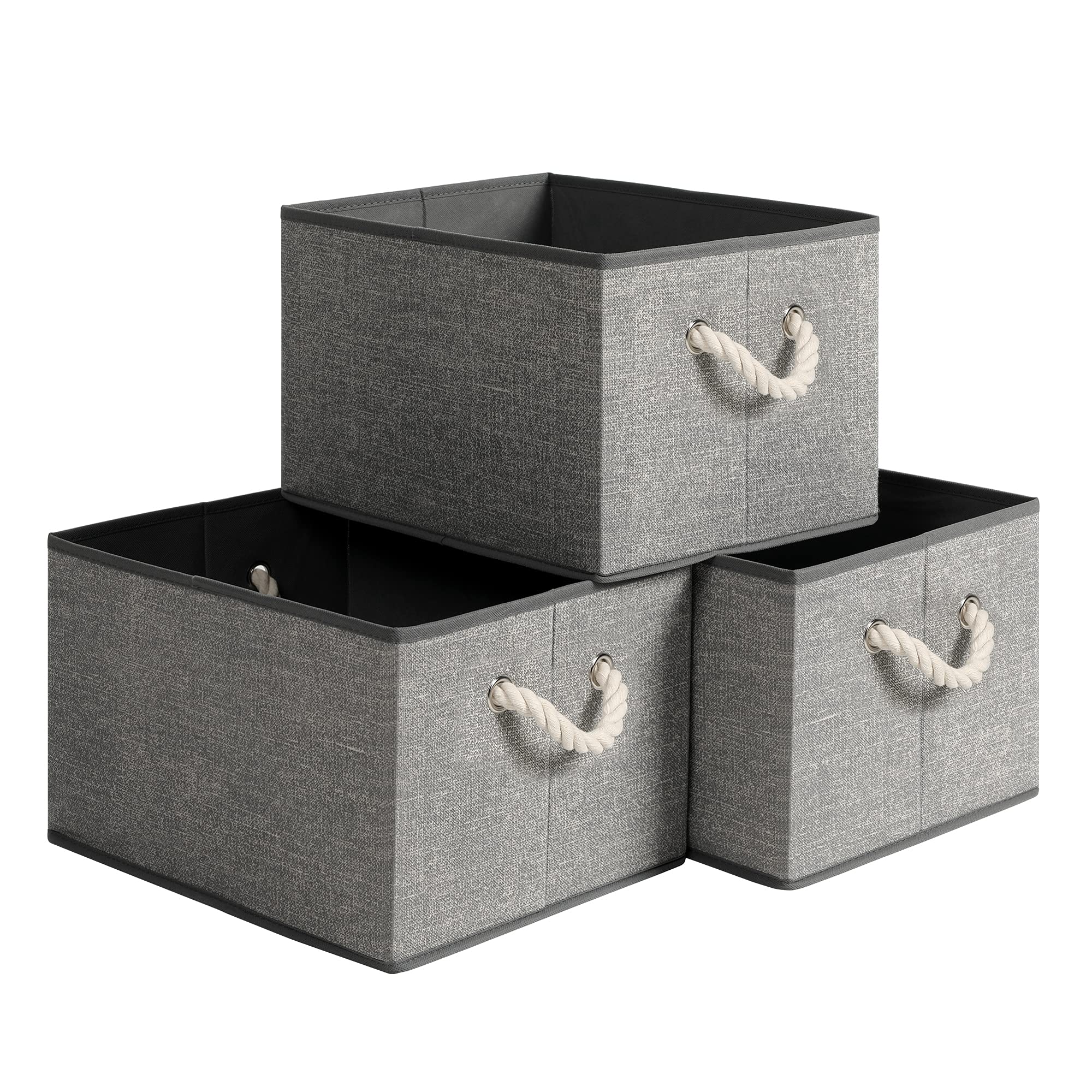 SONGMICS Fabric Storage Boxes, Set of 3 Storage Cubes, Foldable Baskets with Handles, 15.7 x 11.8 x 9.8 Inches, Toy Storage, Linen Pattern, Gray URFB013G01