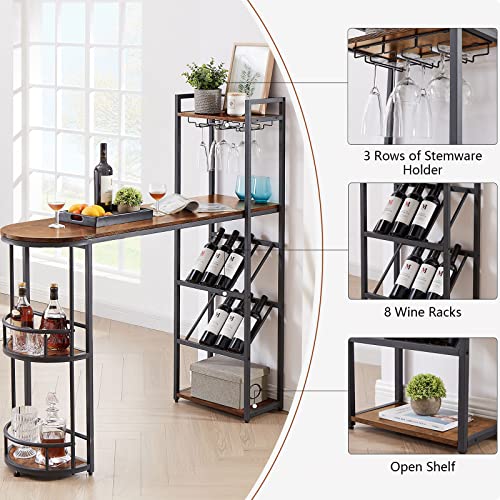 KIVENJAJA Bar Table with Wine Racks, Storage Shelves & Glass Holders, Industrial Small High Top Kitchen Table for 2, 36.4β Counter Height Dining Table Home Bar Unit, Rustic Brown and Black