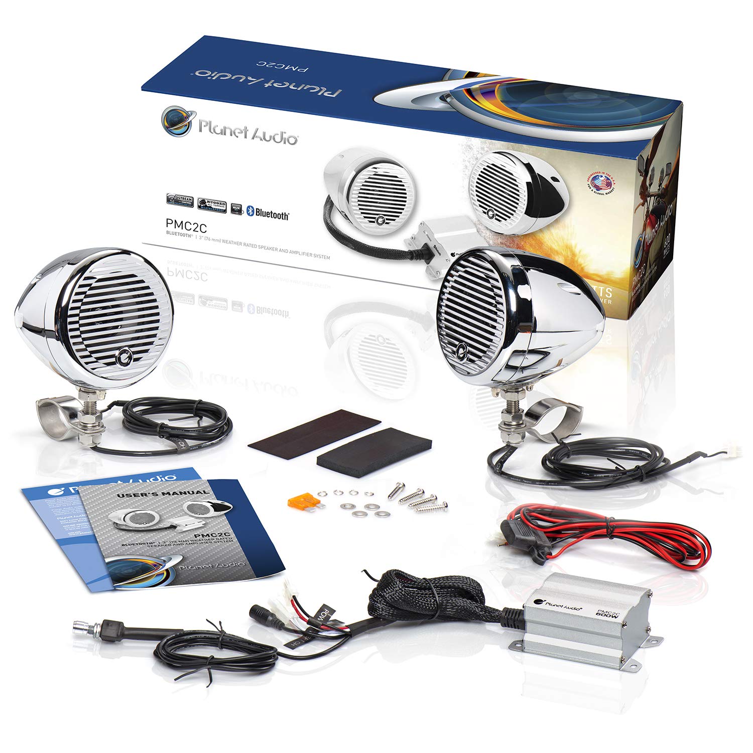Planet Audio PMC2C Motorcycle Speaker System - Bluetooth, Weatherproof Speakers Amplifier, 2 3 Inch Speakers, 1 2 Channel Amplifier, 1 Volume Control, Use With ATV Motorcycle 12 Volt Vehicles