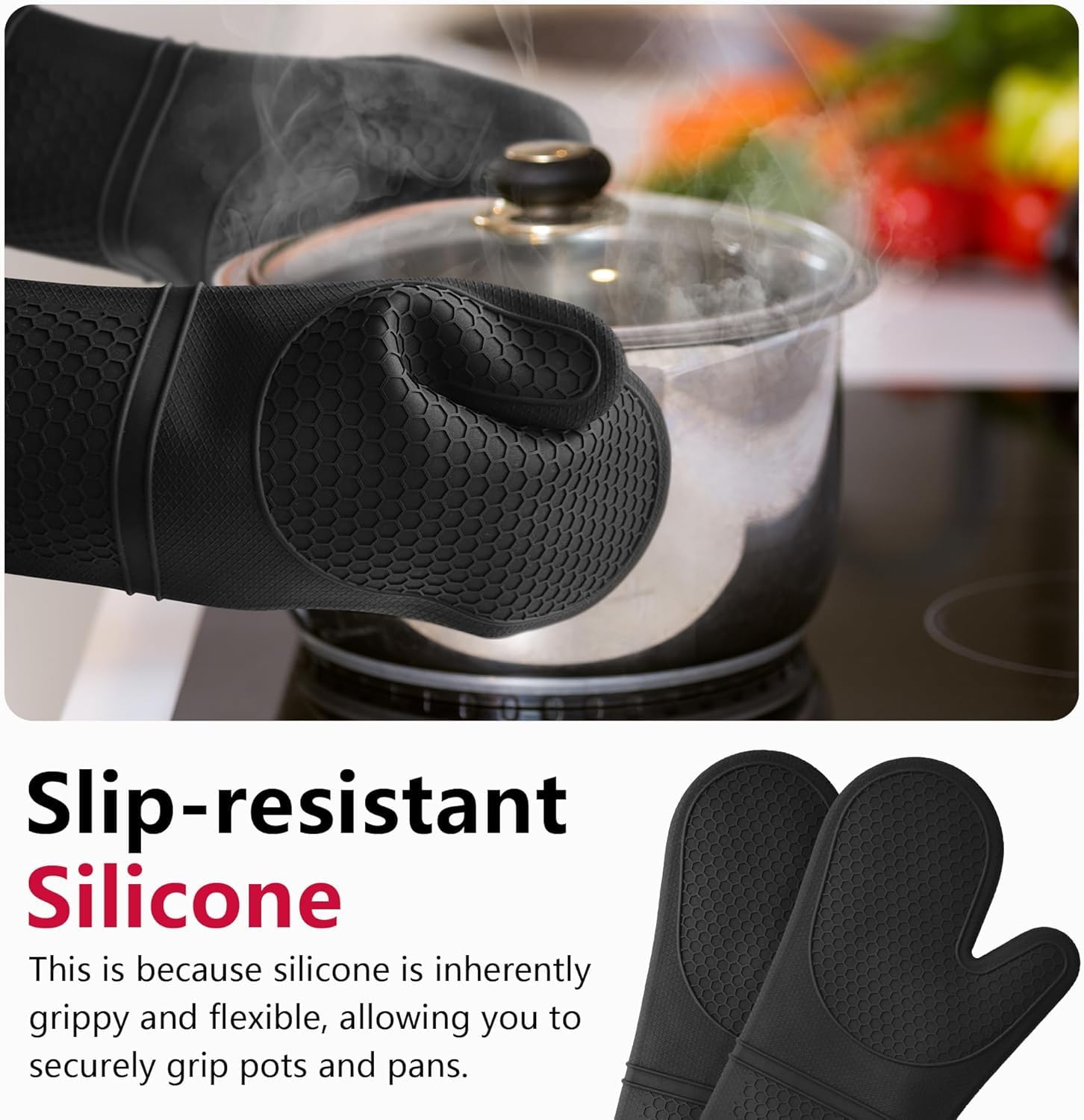 Extra Long Silicone Oven Mitts, Heat and Slip Resistant Oven Mitts with Soft Cotton Lining Non-Slip Textured Grip, Long Flexible Thick Gloves for BBQ, Baking, Cooking, 12.59 inches, Black