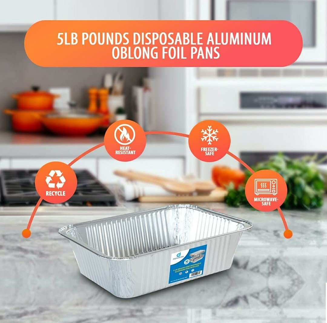 Diplastible Oblong Disposable Aluminum Pans with Lids - 20 Pack - 8.5 x 6 x 2.5 in 5-lb Pan with Foil Covers Perfect for Baking Cooking Food and Storage Container