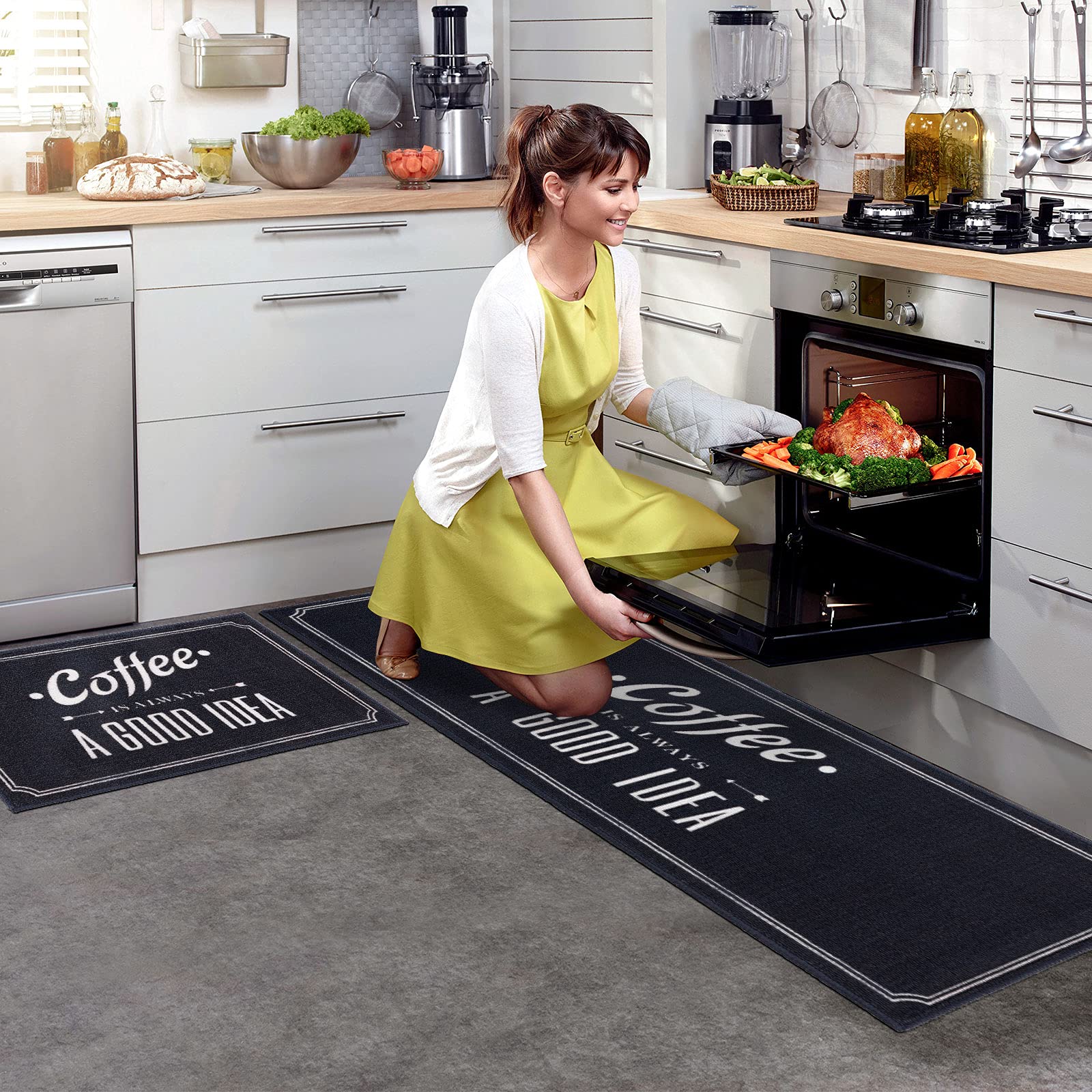 Carvapet 2 Pieces Non-Slip Kitchen Mat Set Rubber Backing Doormat Runner Rug Set, Fruit Design (Grey 15"x47"+15"x23")