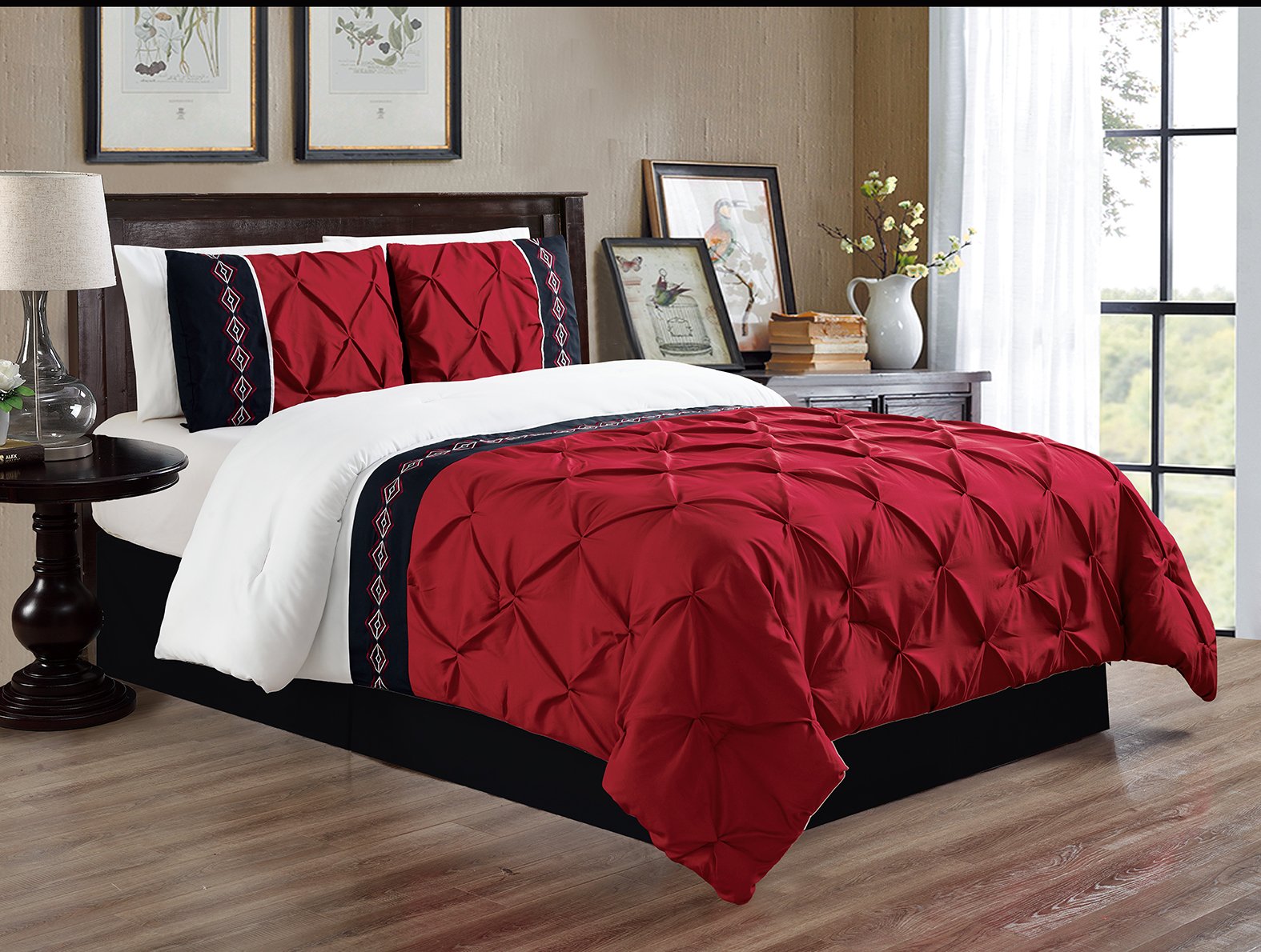 Grand Linen 3 Piece Queen Size Burgundy RED/Black/White Double-Needle Stitch Puckered Pinch Pleat-Embroidered Duvet Cover Set