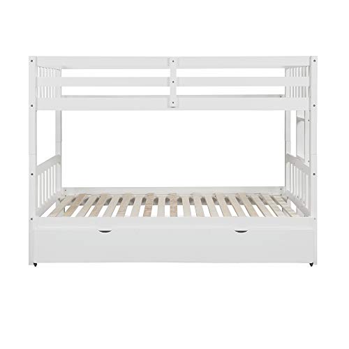 KLMM Twin Over Pull-Out Bunk Bed with Trundle, Wooden Twin Over Twin/Full/Queen/King Accommodate 4 People Extendable Bunk Beds with Ladder and Safety Rail (White)
