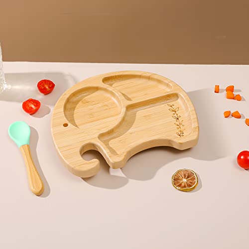 Mamimami Home Bamboo Baby Plate - Silicone Suction - Toddler Food Plate with Fork and Spoon - Baby Led Weaning Plate Feeding Utensils Set, BPA Free (Green Elephant)