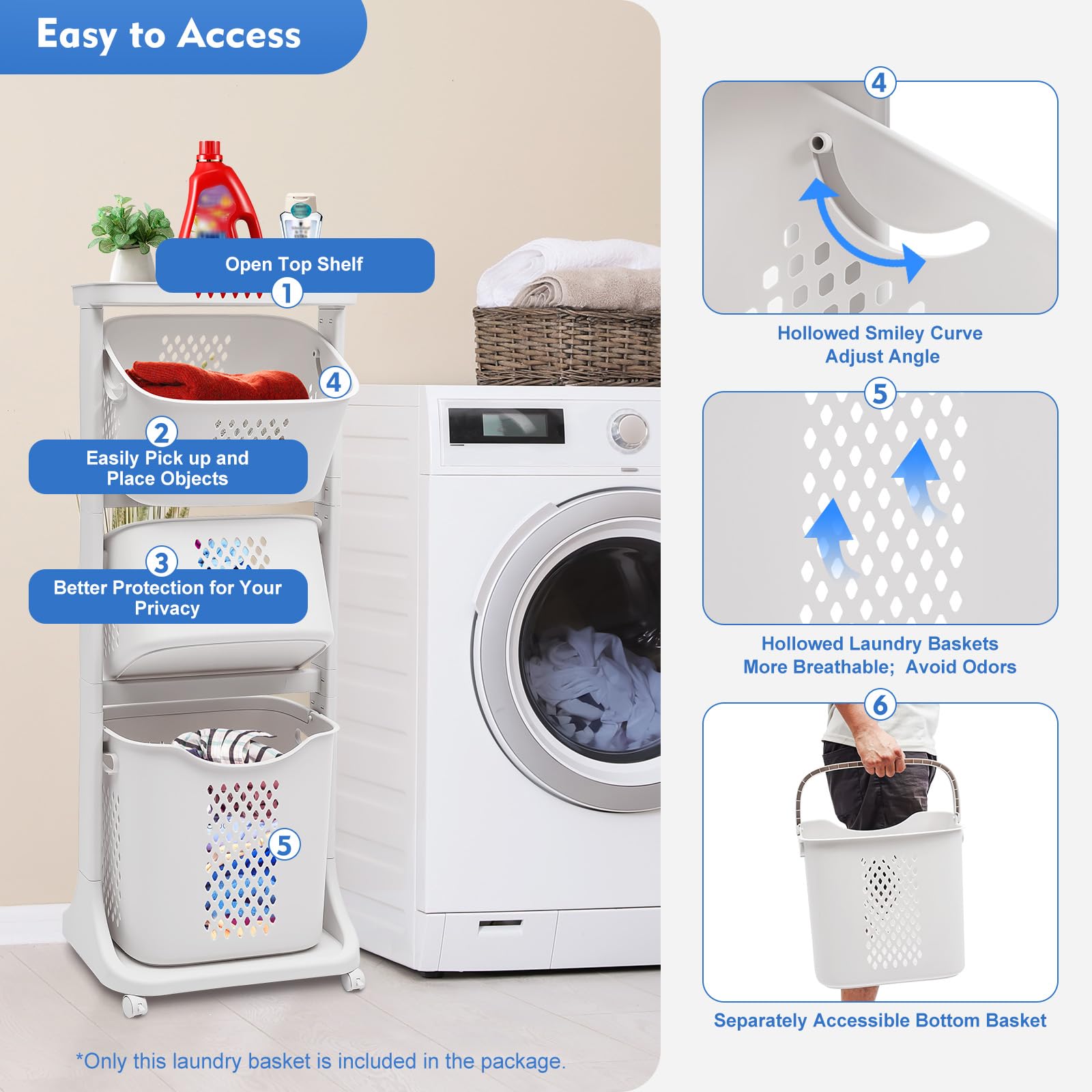 KONKENIE 3 Layers Laundry Hamper Basket Sorter Washing Hamper with 4 Wheels Rolling Clothes Bin Trolley Basket Clothes Storage Organizer 3 Tier Shelf Rolling Cart for Bathrooms Bedrooms White