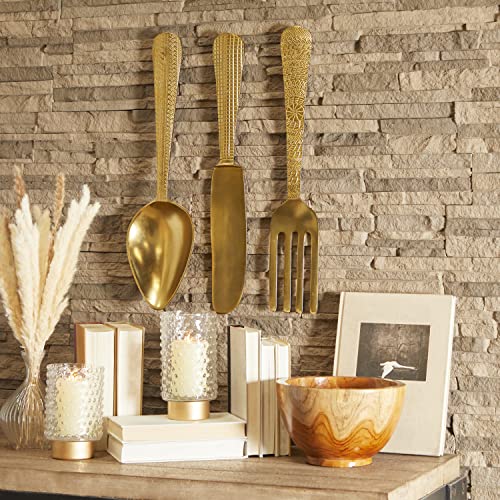 Deco 79 Aluminum Metal Utensils Home Wall Decor Knife, Spoon and Fork Wall Sculpture, Set of 3 Wall Art 4" W, 23" H, Gold
