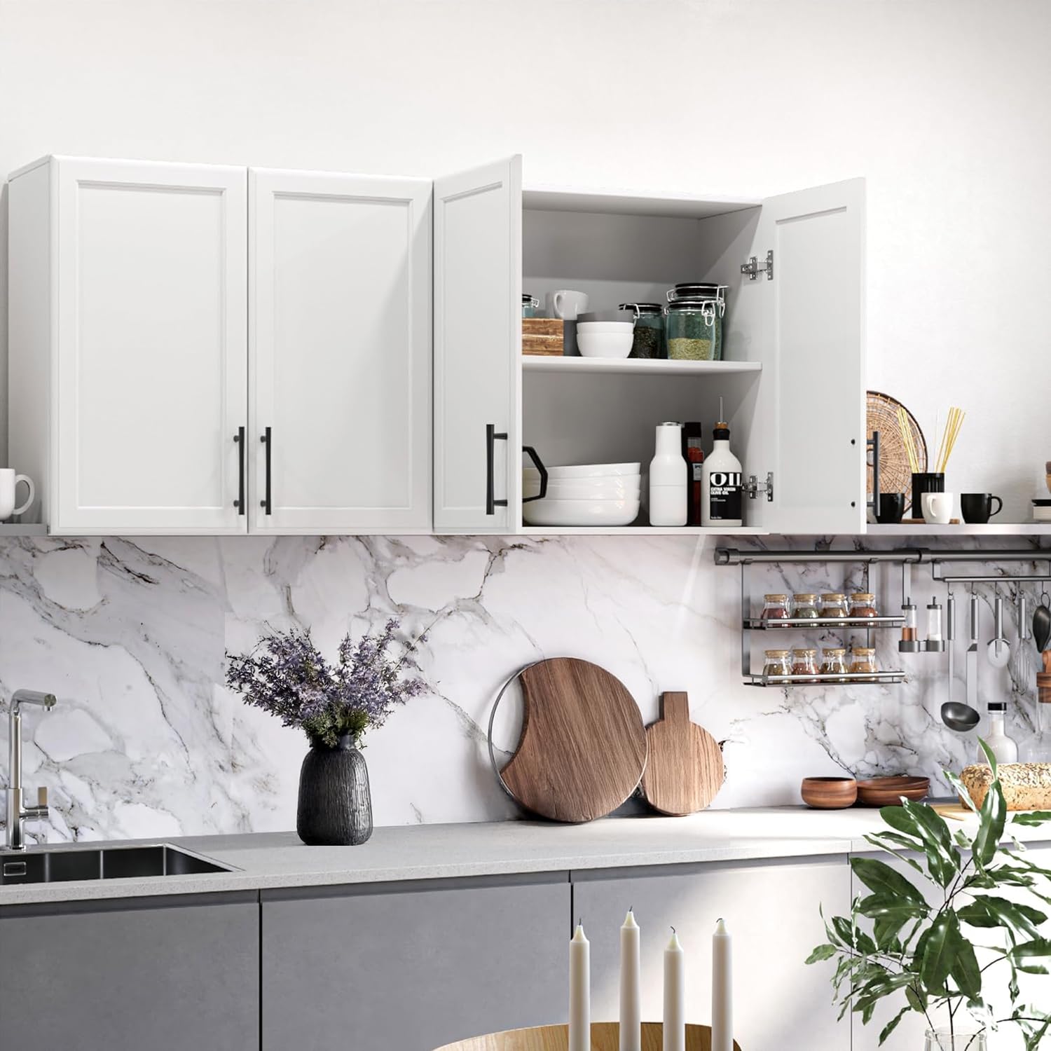 FIMELLO Wall Cabinet, Wooden Medicine Cabinet, Wall Amount Cabinet for Bathroom Laundry Kitchen Garage, White, Set of 2