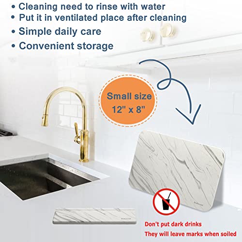 Dish Drying Mats for Kitchen Counter, Diatomaceous Earth Mat, 12”x8” & 9”x3” Small Size Hard White Water-Absorbent Heat-Resistant Non-Slip Diatomite Mat, Draining Mat for Drying Rack (Marble)
