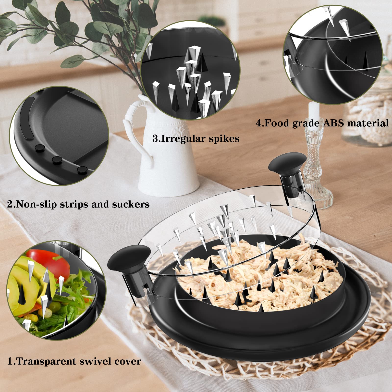 Chicken Shredder, 9.8"Visible Meat Shredder with Anti-slip Suction Cup and Brushes Heat Resistant Safe Chicken Shredder Tool Twist Chicken Shred Machine for Cooked Beef Chicken Vegetable Salad (Black)