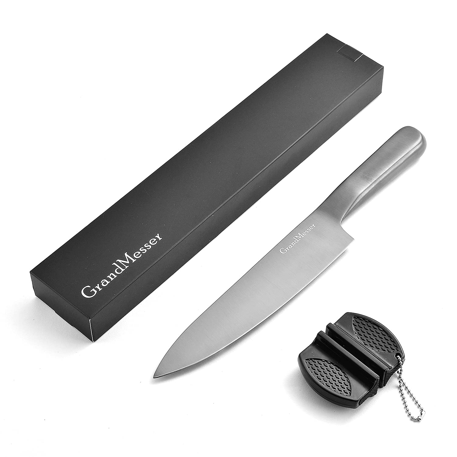 Cooking Chef Knife, 8 Inches Carbon Stainless Steel Kitchen Knife with Sharpener and Ergonomic Handle, Chopping Knife for Professional Use(Matte Stainless)