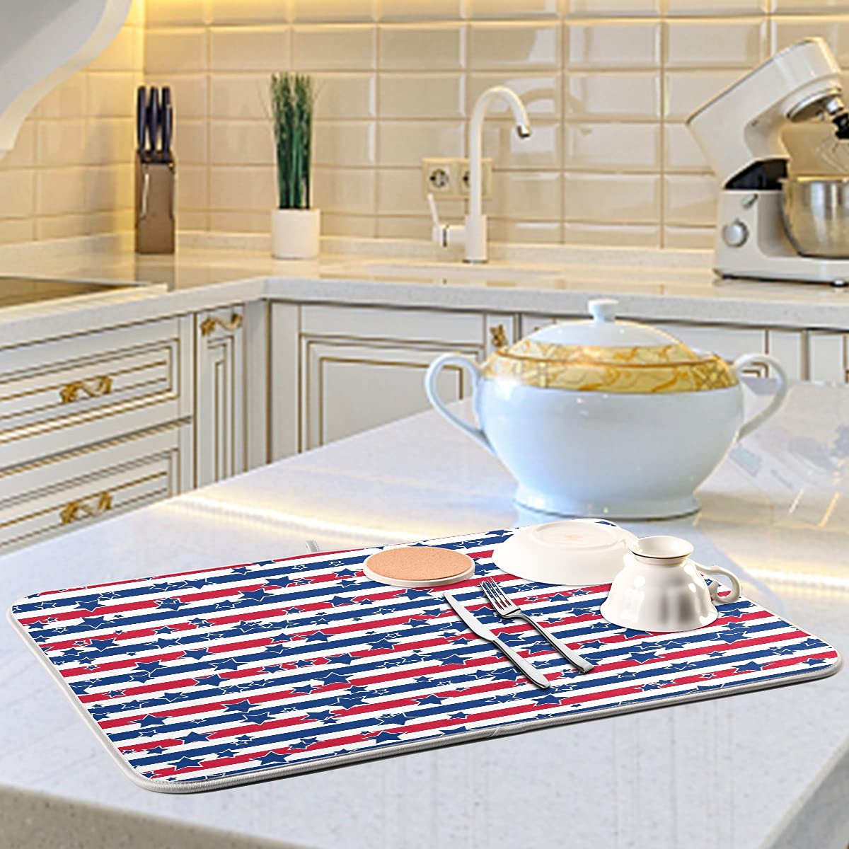 Dish Drying Mat American Stars And Stripes Kitchen Counter Mat Dishes Pad Dish Mats for Drying 4th Of July, Reversible, Super Absorbent 18x24