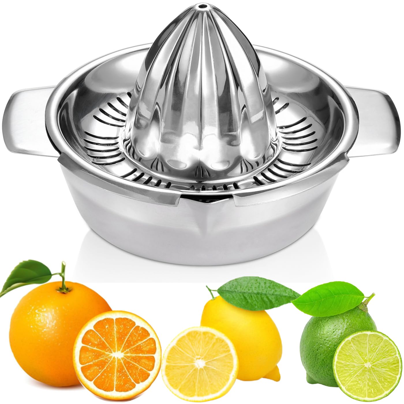 Citrus Lemon Orange Grapefuit Juicer Manual Squeezer 304 Stainless Steel Robust Hand Juicer Reamer Rotation Press with Strainer&12 OZ Bowl, 2 Pour Spouts, Dishwasher Safe, Easy to Clean, Heavy Duty