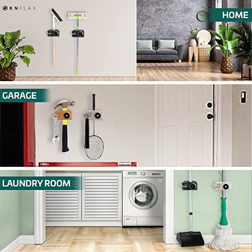 KN FLAX Broom Holder Wall Mount Self Adhesive Broom Gripper, Cleaning Supplies and Household Hanger for Storage, Laundry and Apartment Room, Must Have Organizer, Multi-Functional Holders - Green