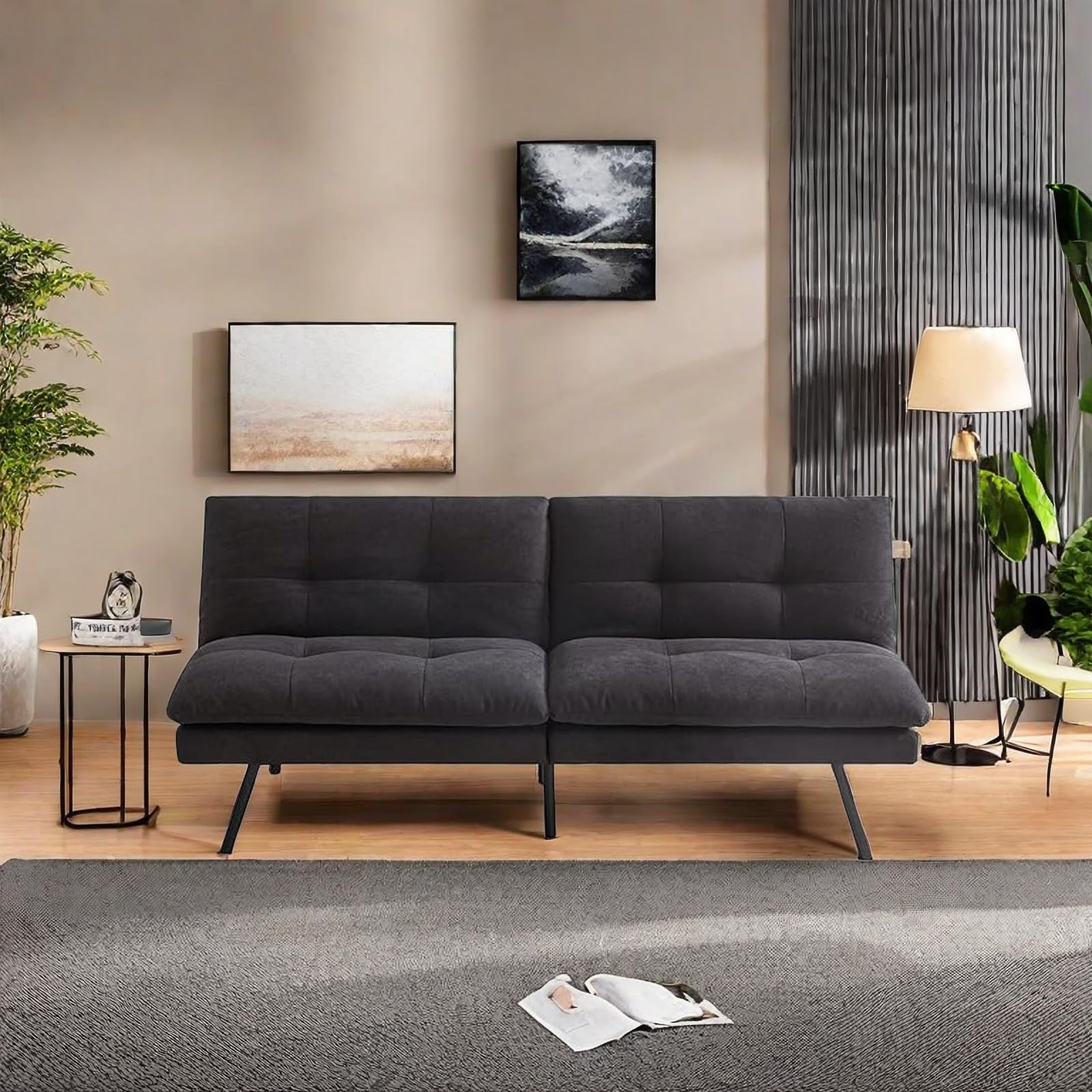 GlasFlength Futon Sofa Bed Loveseat Sleeper Sofa, Convertible Sofa Bed Small Couch with Memory Foam Split Seat Design, Linen Fabric Futon Couch for Living Room, Apartment, Bedroom (Black)