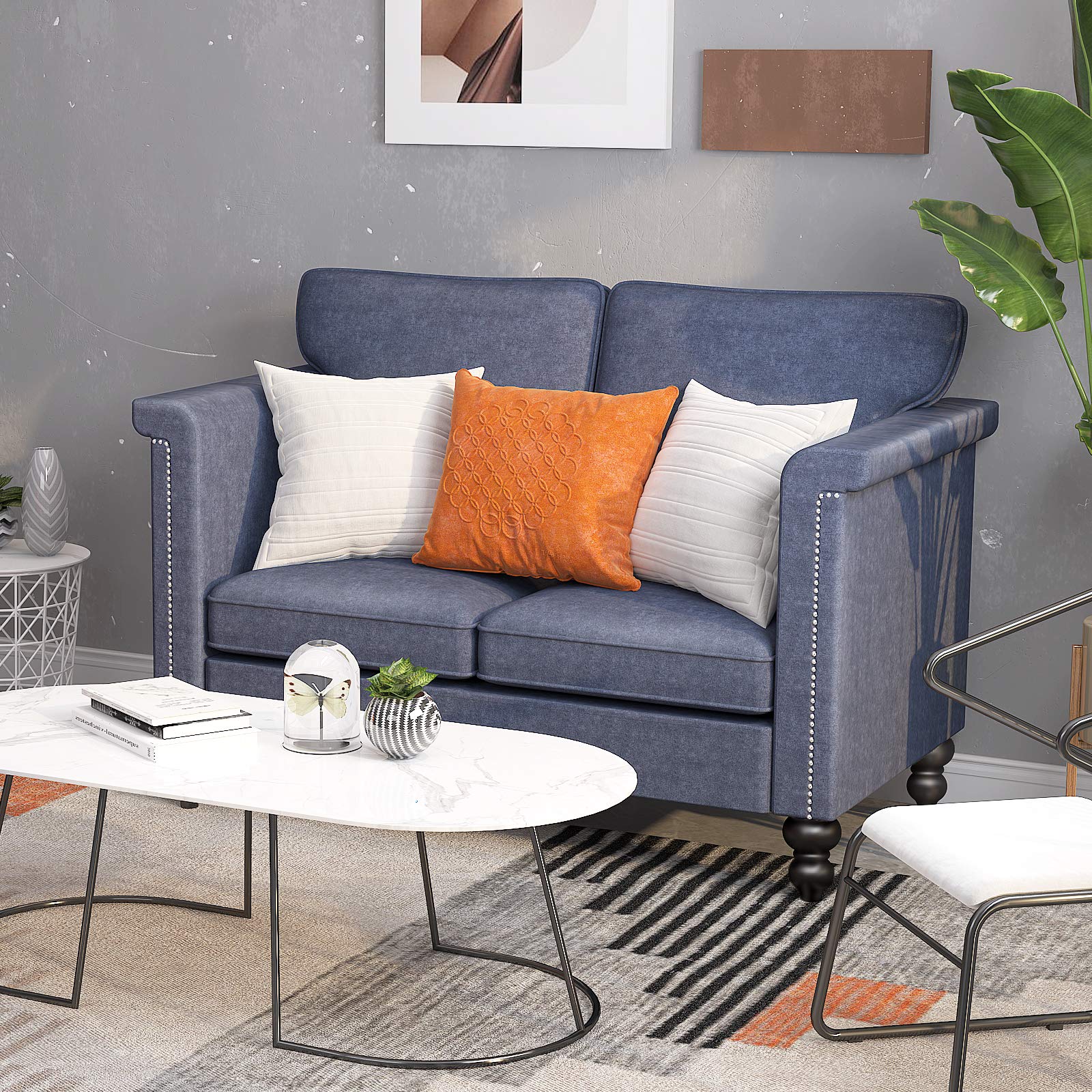 CUGBO Loveseat Sofa, Linen Modern Couch for Compact Living Space Bedroom Apartment Dorm Lounge Room Office Studio, Recliner w Removable Cushions Armrests Wood Legs (Blue Grey)