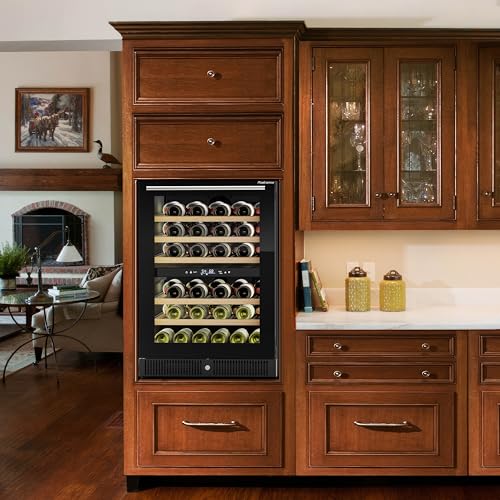 Frostronics 24 Inch Dual Zone Wine Refrigerator, 51 Bottles Under Counter Built-In or Freestanding Wine Cellar, Wine Cooler with Quiet Compressor Cooling and Reversible Glass Door, Fits Large Bottle