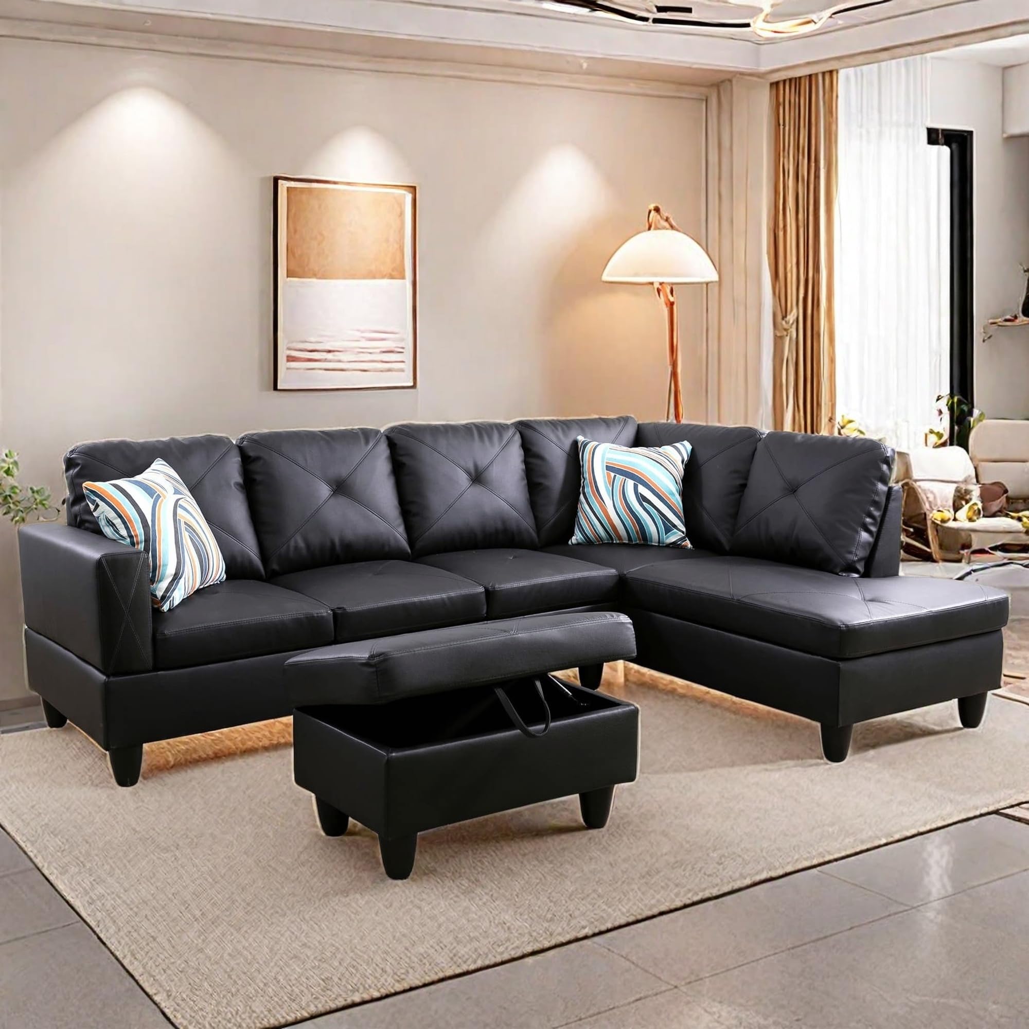 GlasFlength L Shaped Sectional Couches, Convertible Lounge Leather Couch with Reversible Cup Holder, Nail-Head Design Modern Modular Sectional Sofa for Living Room Furniture Sets, Black A